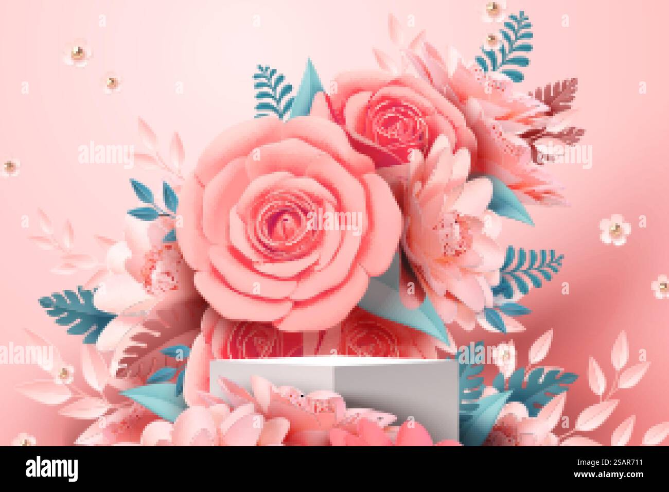 Light pink paper rose flower decorations in 3d illustration. Paper rose ...