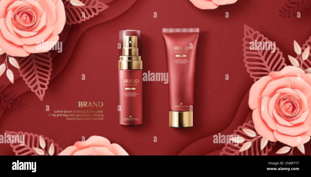Elegant cosmetic ads with paper art blossoms on burgundy red background ...