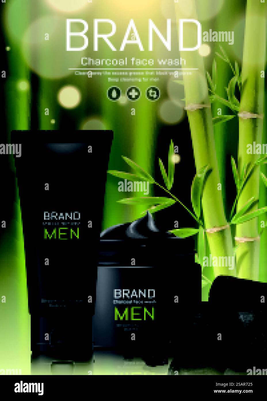 Charcoal men face wash ads on bamboo forest background in 3d ...