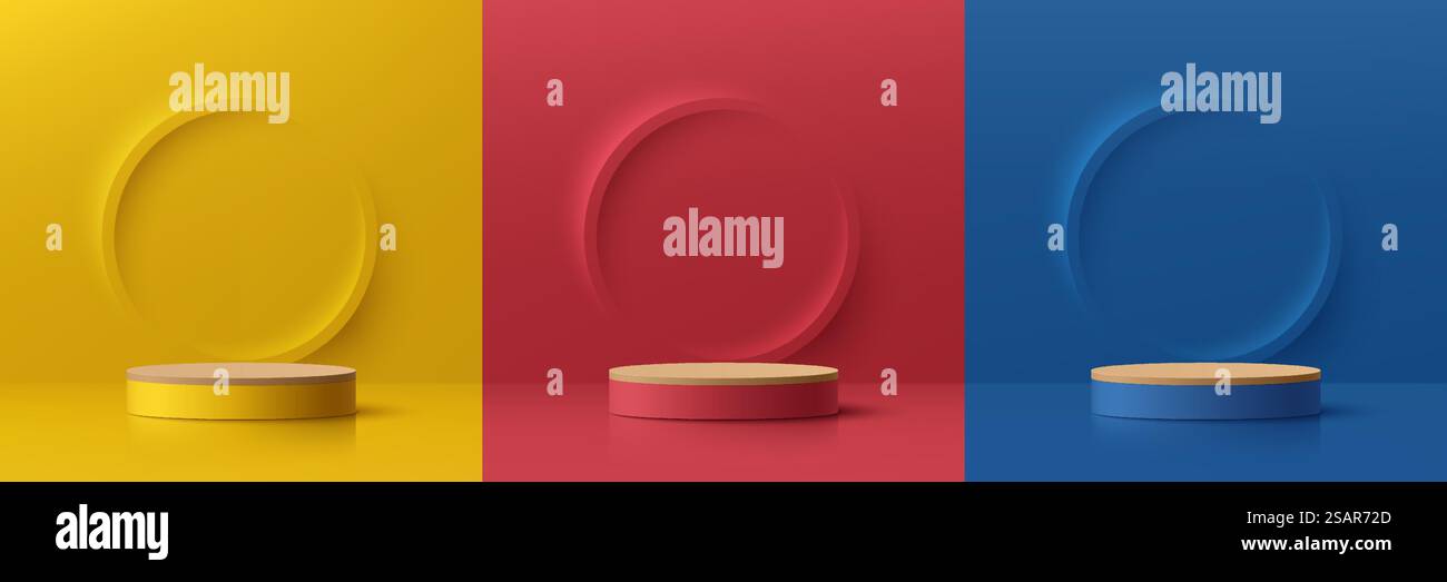 Set of abstract 3D room with yellow, dark blue and red realistic ...