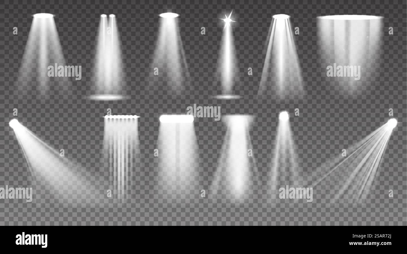 Realistic spotlight. Shiny light ray and stage projector beam. Glow ...