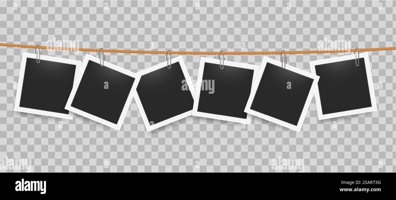 Photo frame hanging by clip on rope. Realistic blank photography ...