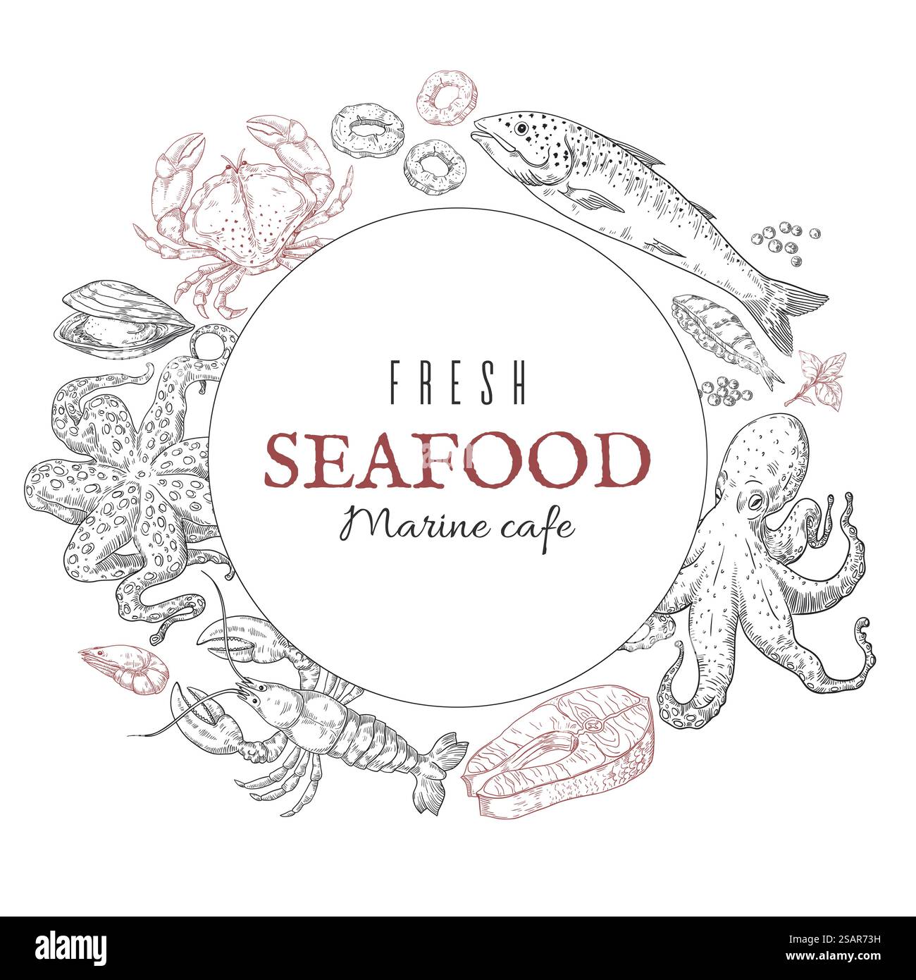 Hand drawn seafood frame. Marine cafe signboard. Decorative round ...
