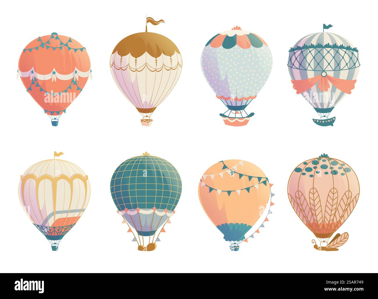 Retro air balloon. Vintage airships with hot airy sphere, ballast and ...