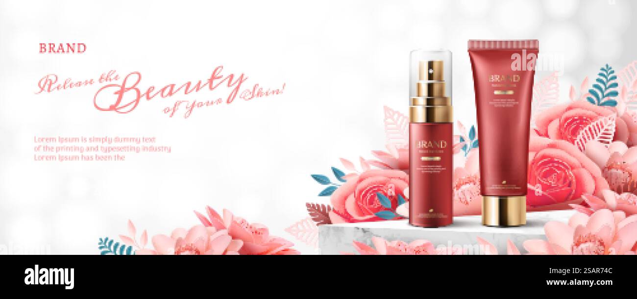 Elegant cosmetic ads with paper art blossoms on bokeh glitter ...