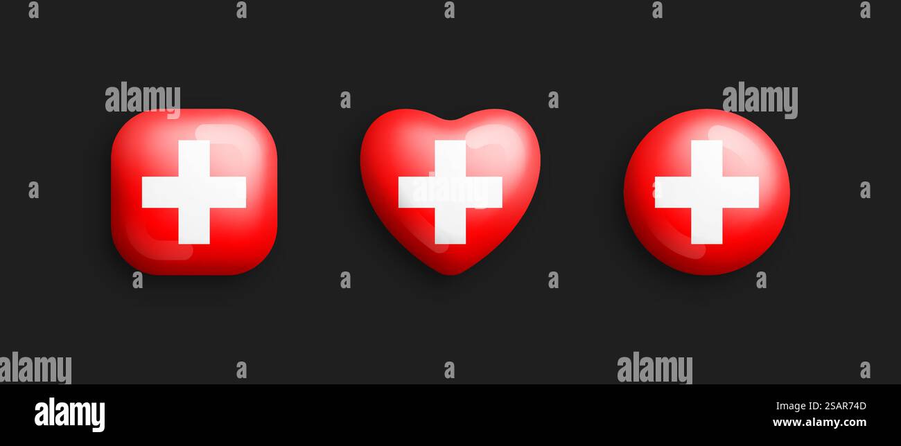Switzerland Official National Flag 3D Vector Glossy Icons In Rounded ...