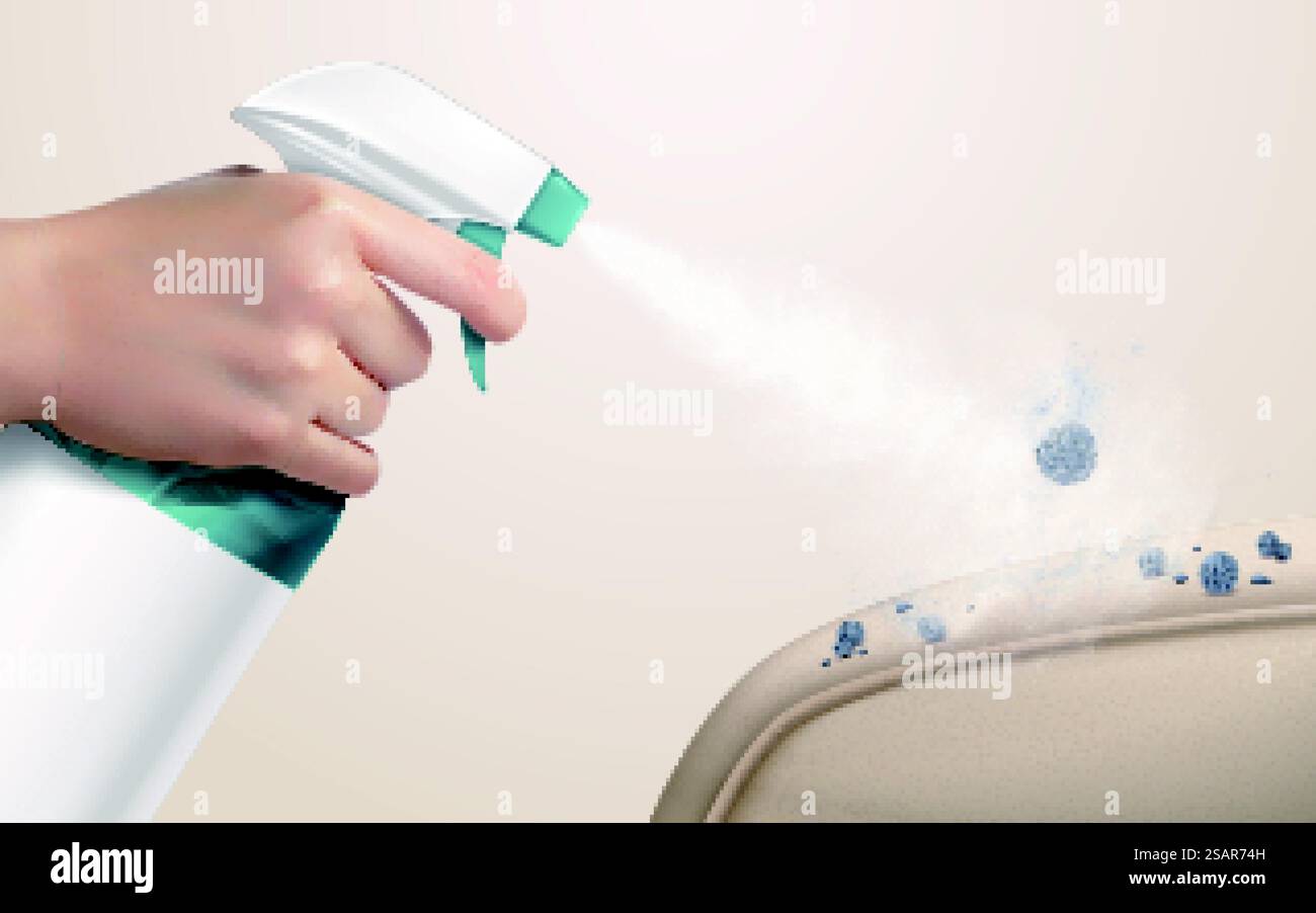 Realistic hand holding trigger spray bottle to disinfect couch armrest ...