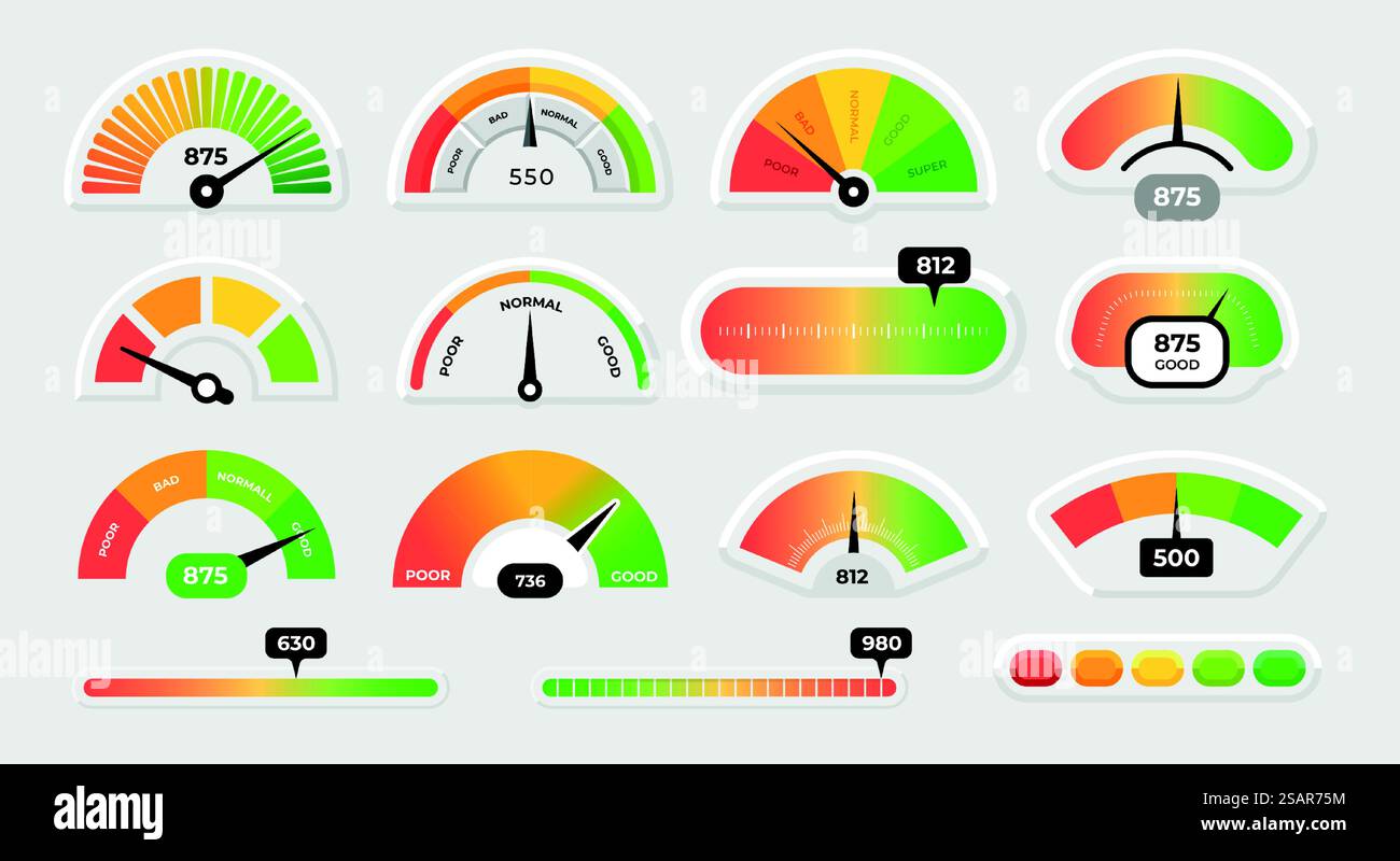 Meter level. Score measure graphic dial with different colors. Speedometer gauge indicator or ...