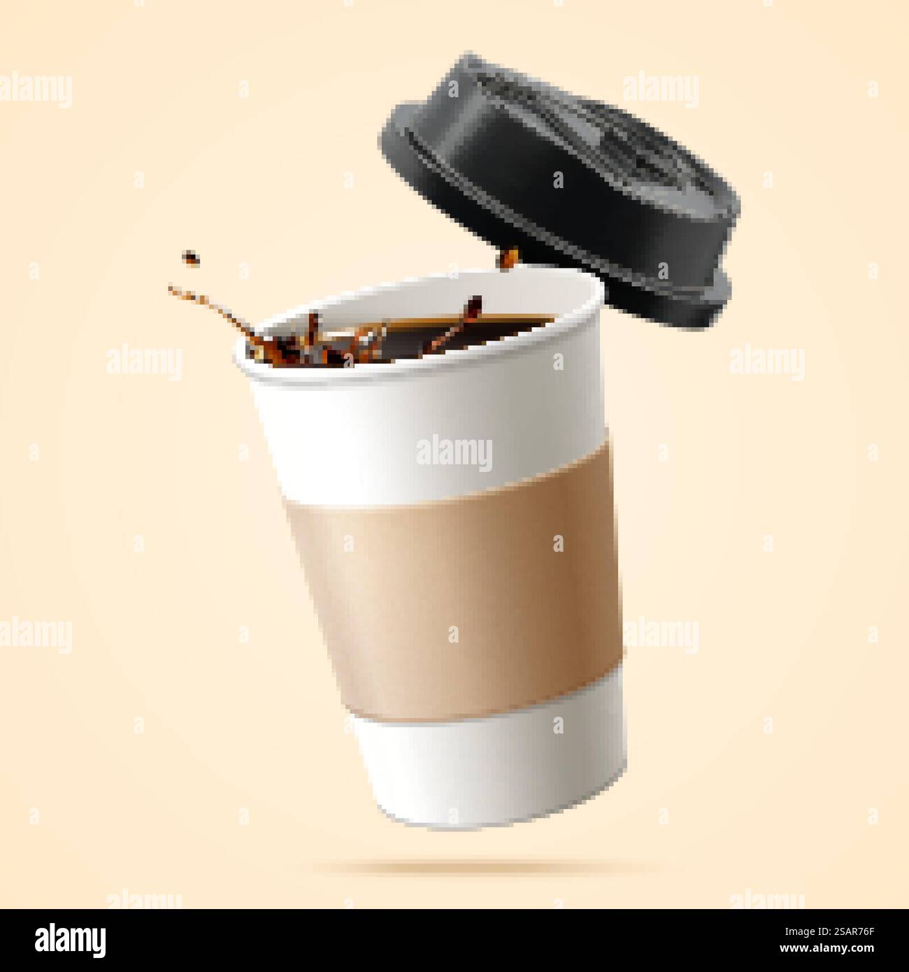 Paper cup filled with black coffee in 3D over beige background. Black ...