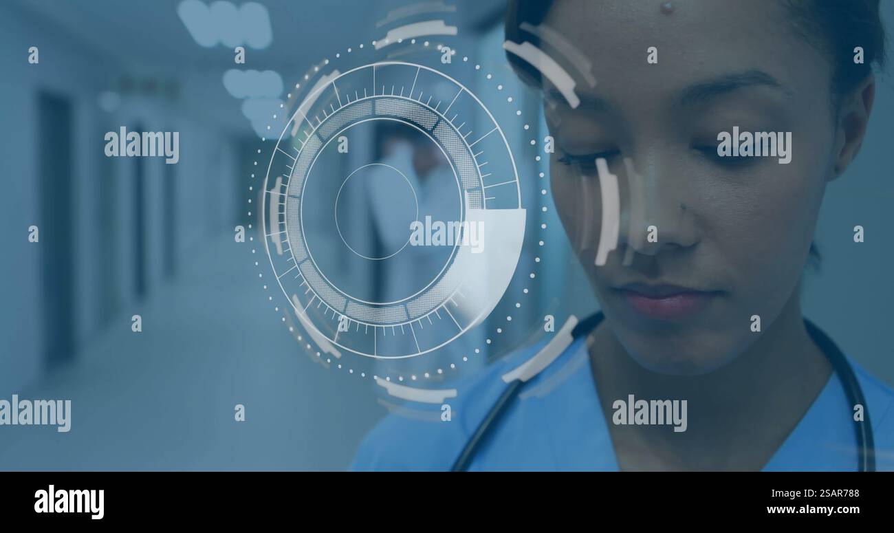 Image of data processing and scope scanning over biracial female doctor ...