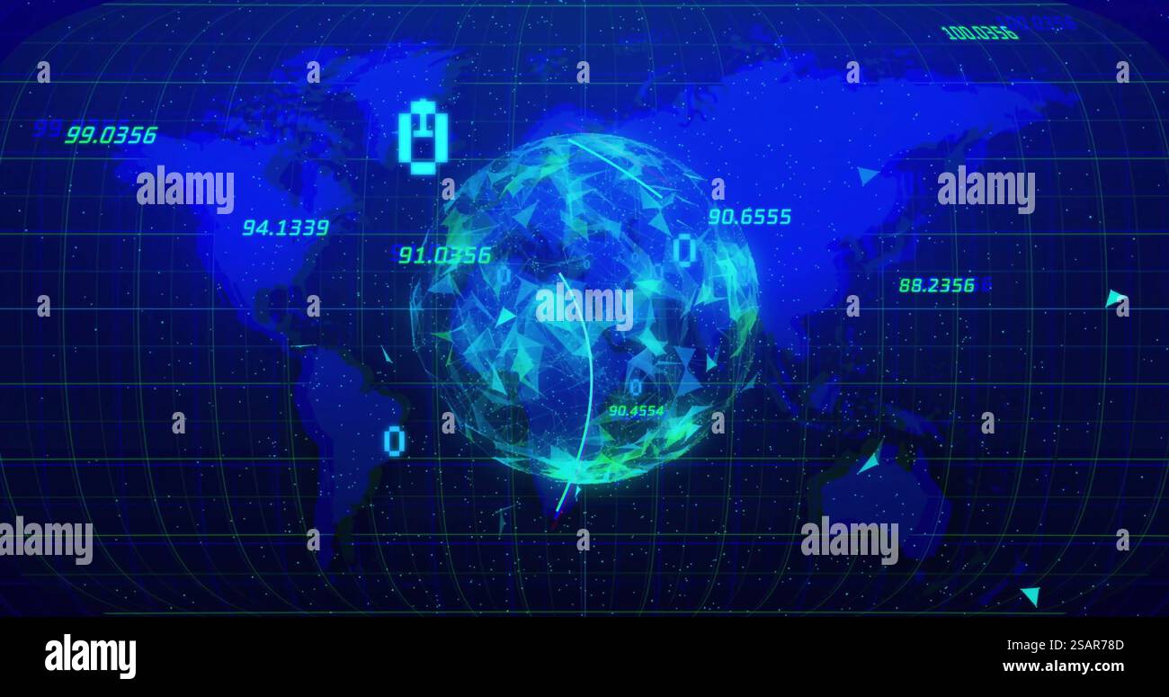Image of binary coding and data processing over globe and world map ...