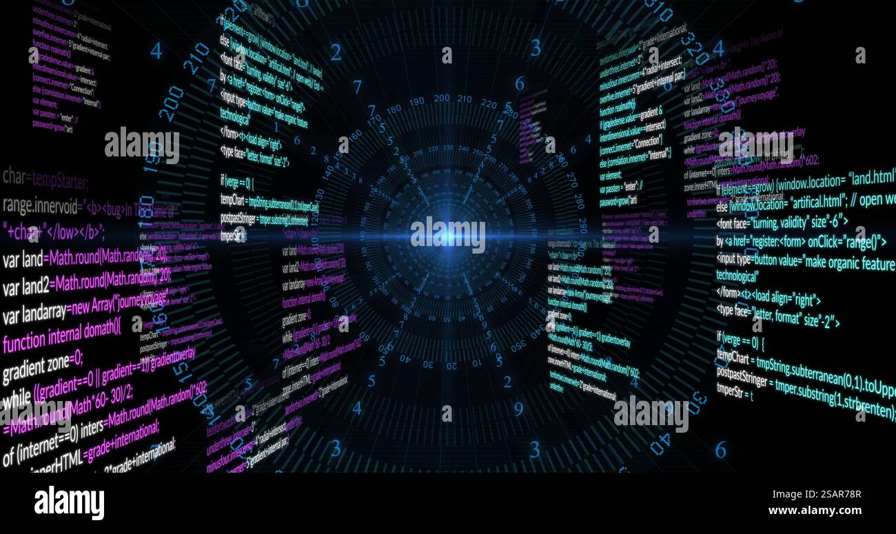 Image of data processing and diagrams on black background. Business ...