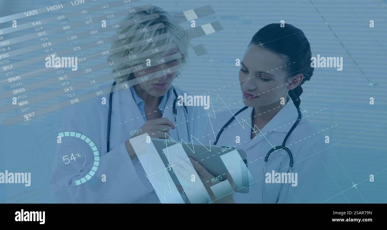 Image of data processing and diagrams over caucasian female doctors ...