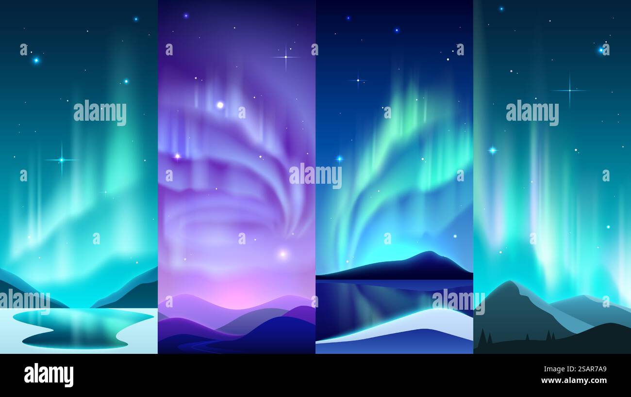 Aurora posters. Realistic Northern night starry sky glowing light with ...