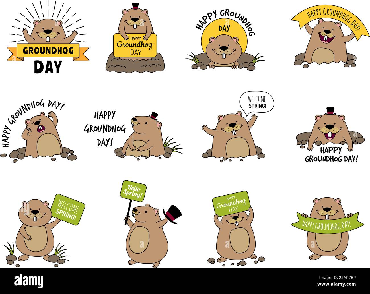 Groundhog animal badges. Cute wild animal on time loop repetition of ...