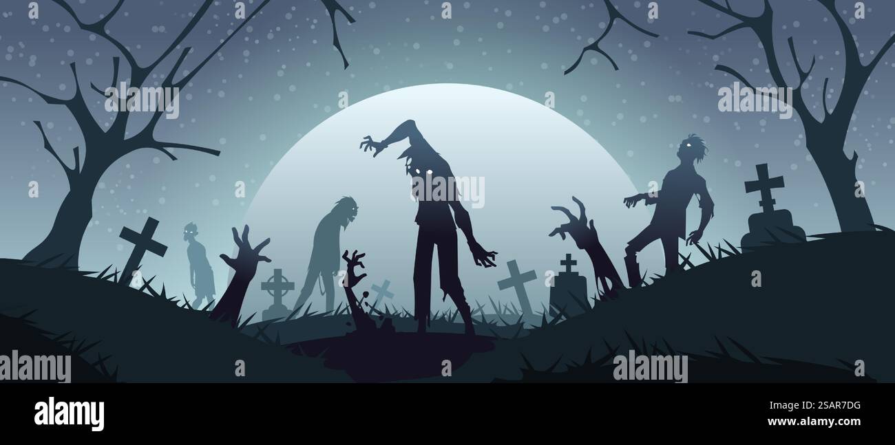 Zombies on graveyard. Cemetery background with scary monsters ...