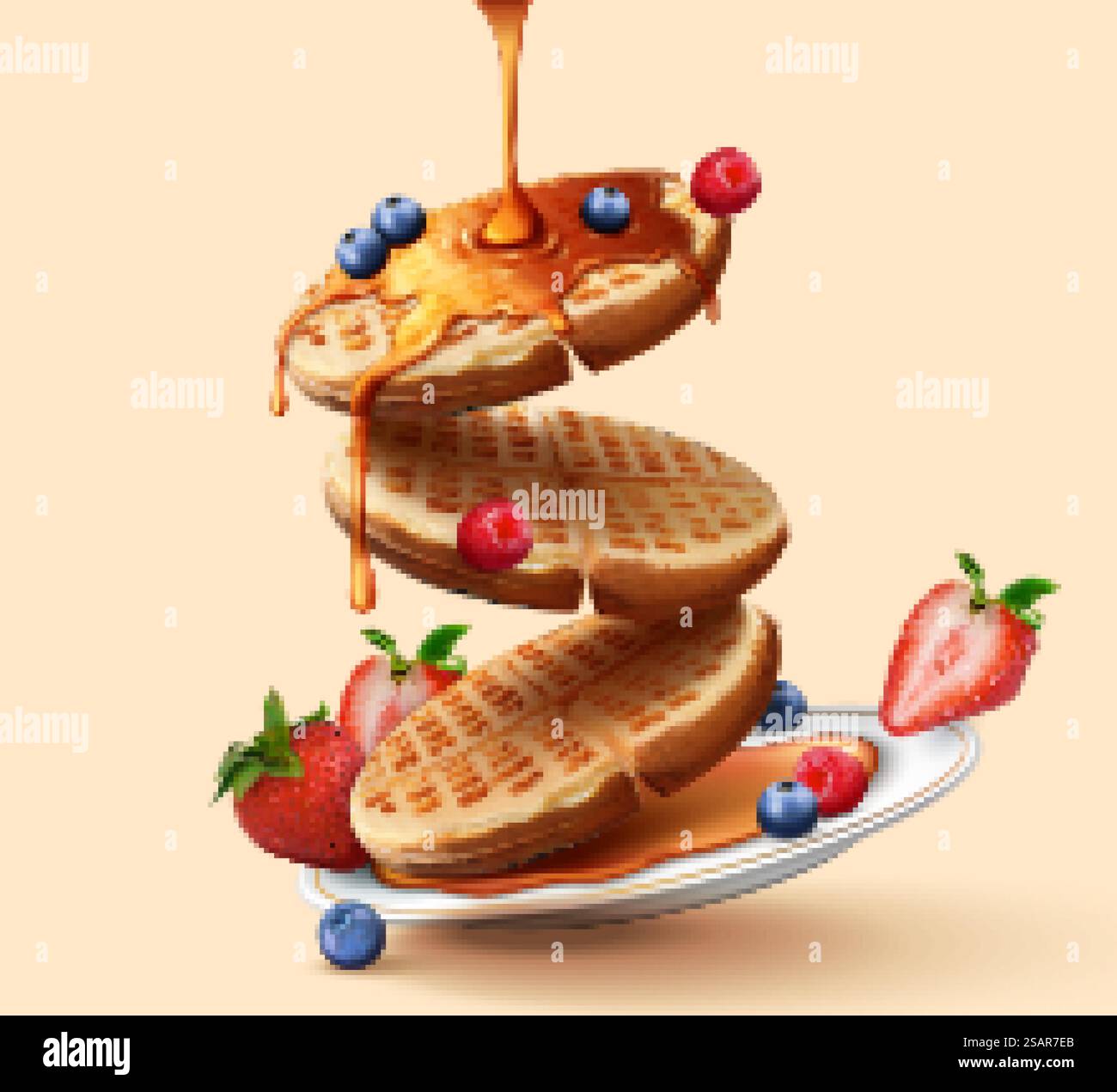 3d illustration of honey pouring on thick and crispy toaster waffles ...