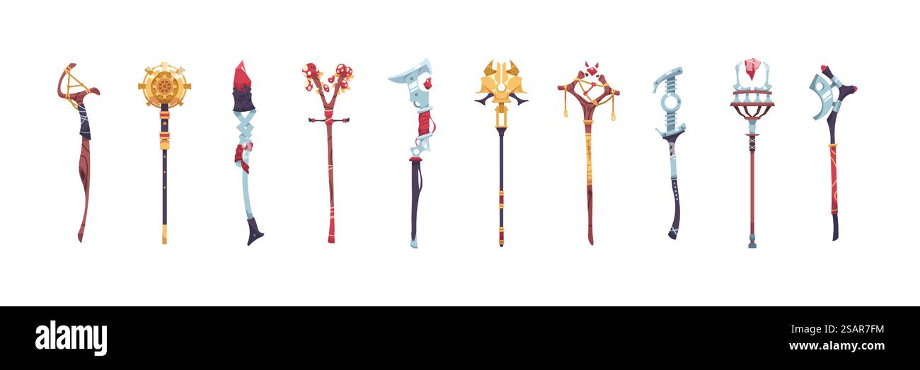 Magic staves. Wizard sticks and magician wands. Antique scepter weapon ...