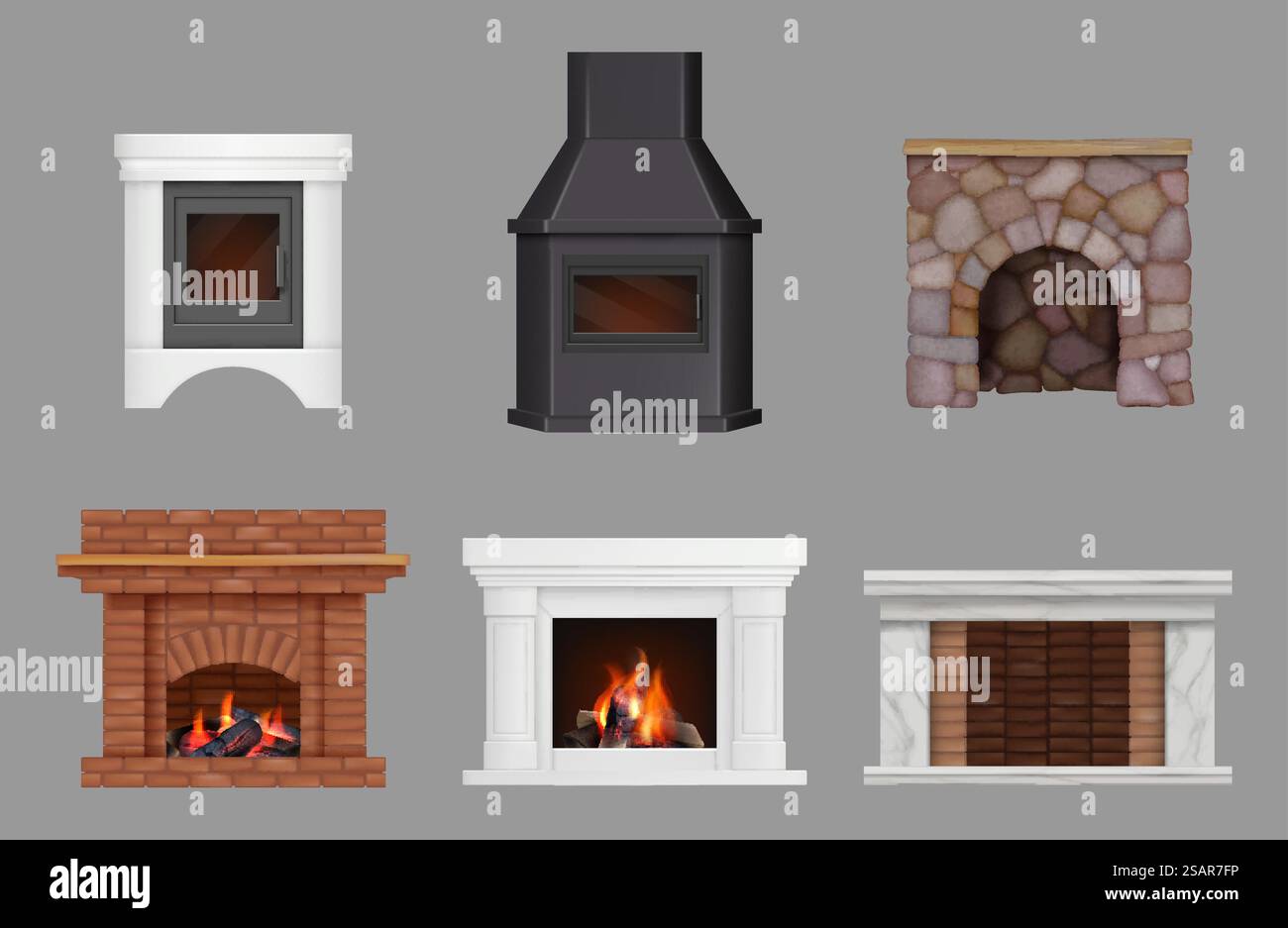 Fireplaces. Brick decorative chimney with fire modern interior ...