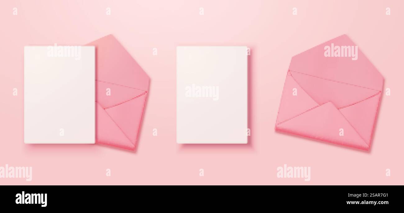 Pink envelopes and white letter. 3D Illustration of blank letter papers and opened pink ...