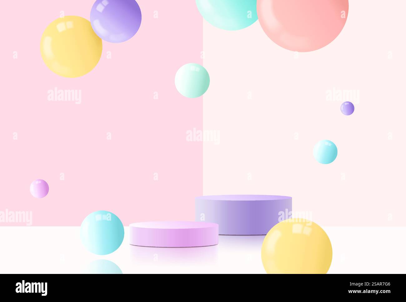 Realistic glossy plastic balls background. 3D cylinder pedestal podium ...