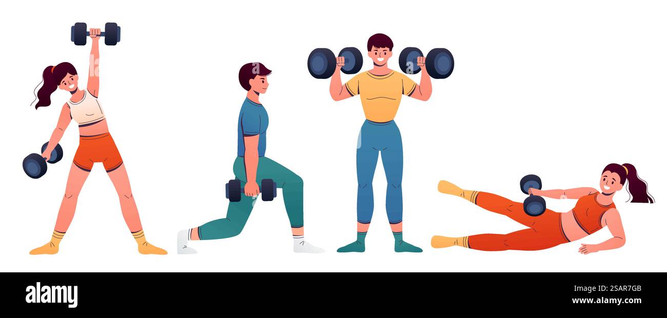Flat design illustration of men and women lifting heavy dumbbell ...