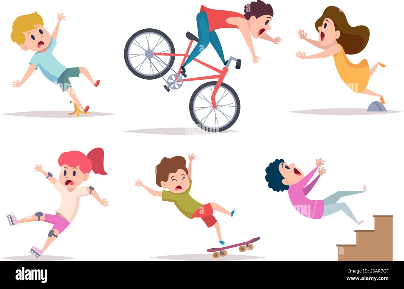 Kids falling. Boys girls outdoor running and falling shocked accident ...