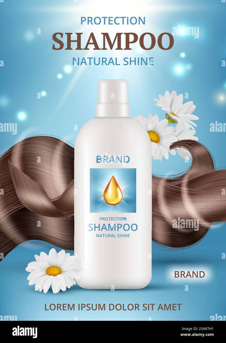 Hair shampoo poster. Ads placard with curly lush hair and bottles ...