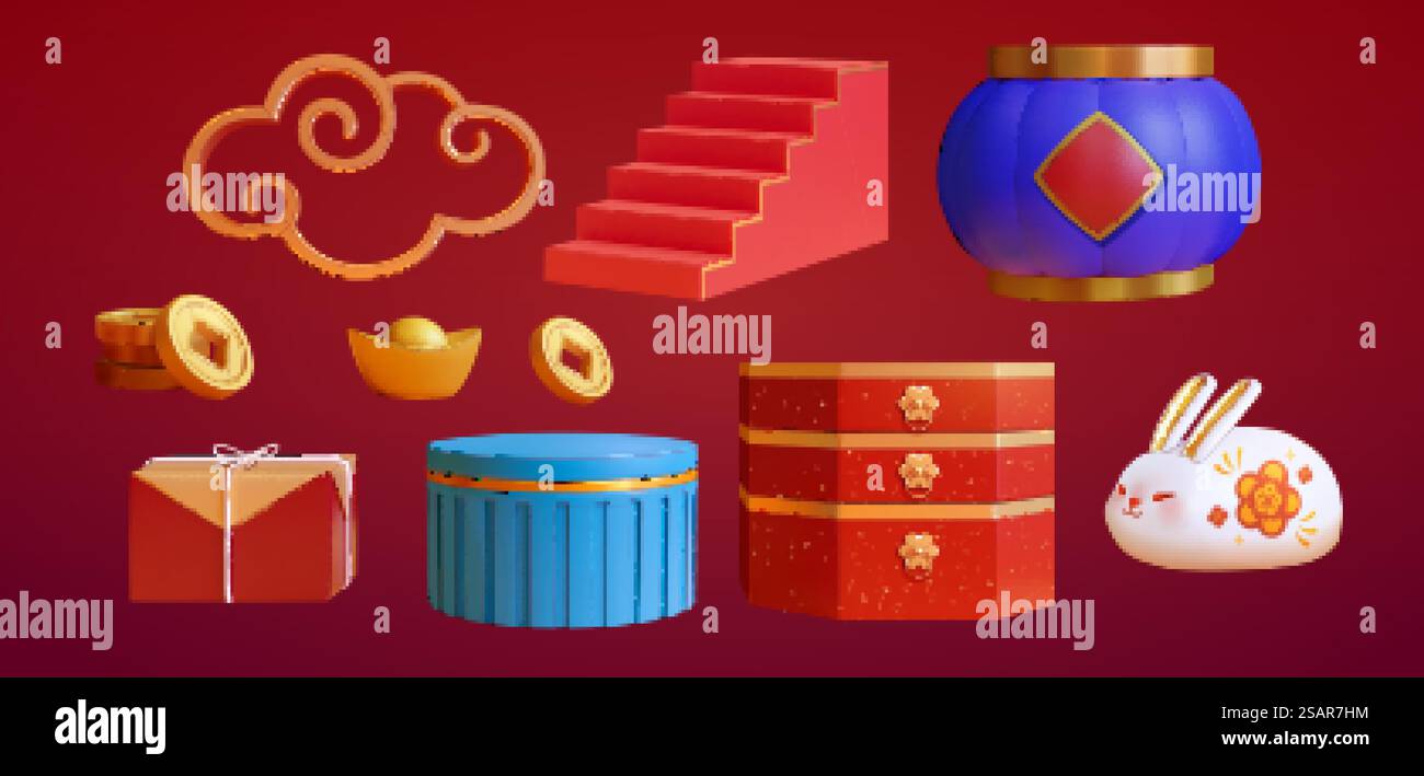 3D Gold cloud, stair, lantern, coins, gold ingot, hexagon drawer, and ...