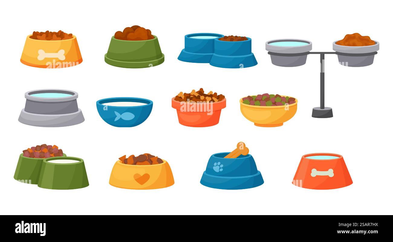 Pet food bowl. Cat and dog cartoon containers with wet and dry meal ...