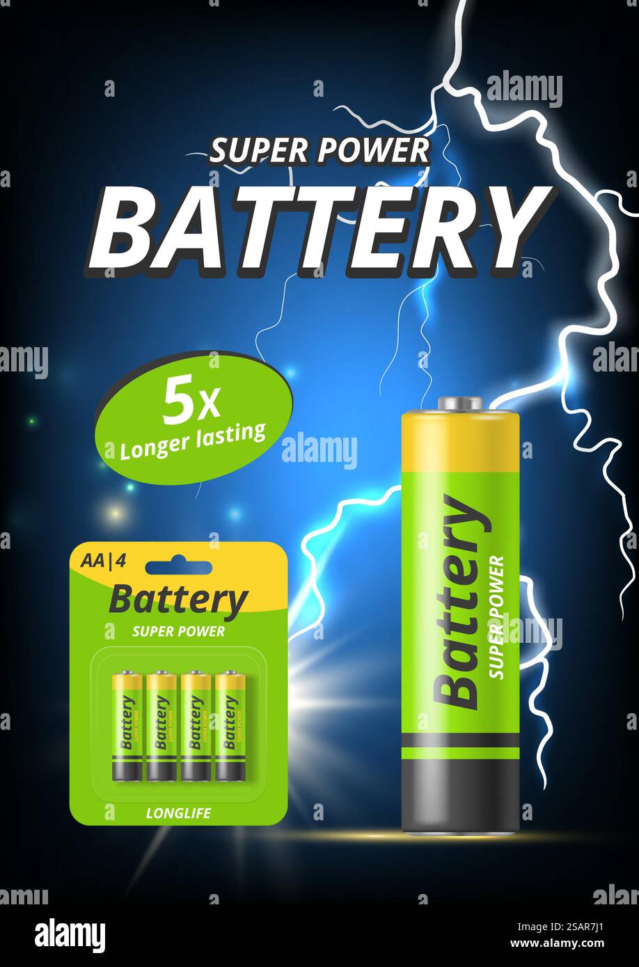 Battery ads poster. Advertising placard with alkaline battery pictures ...