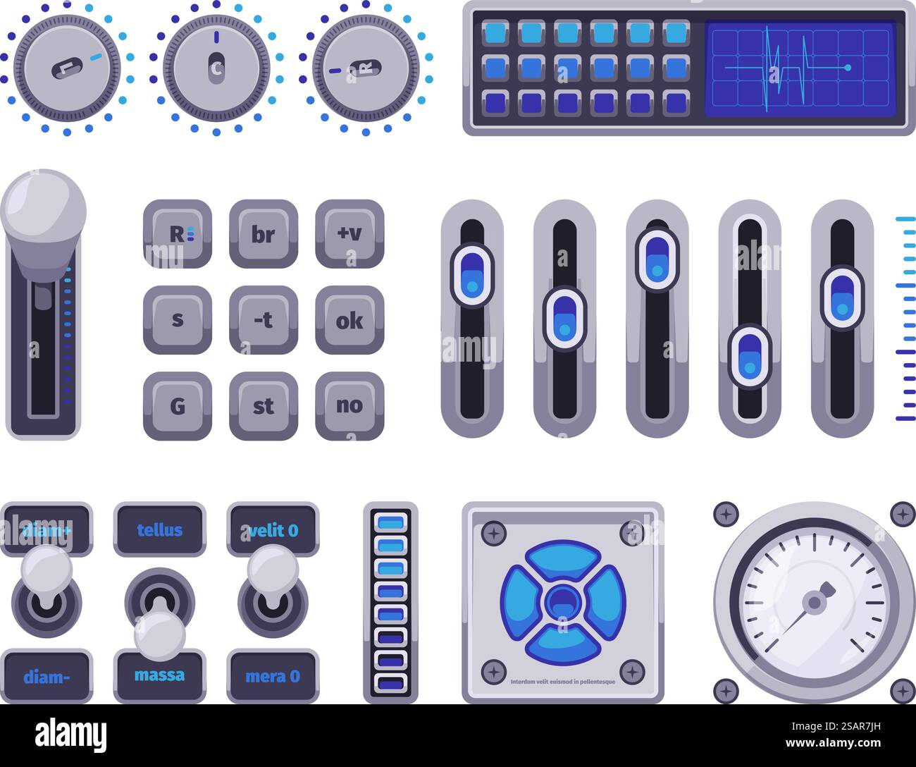 Control panels. Ui elements buttons checkboxes switch dots electric meter display music ...