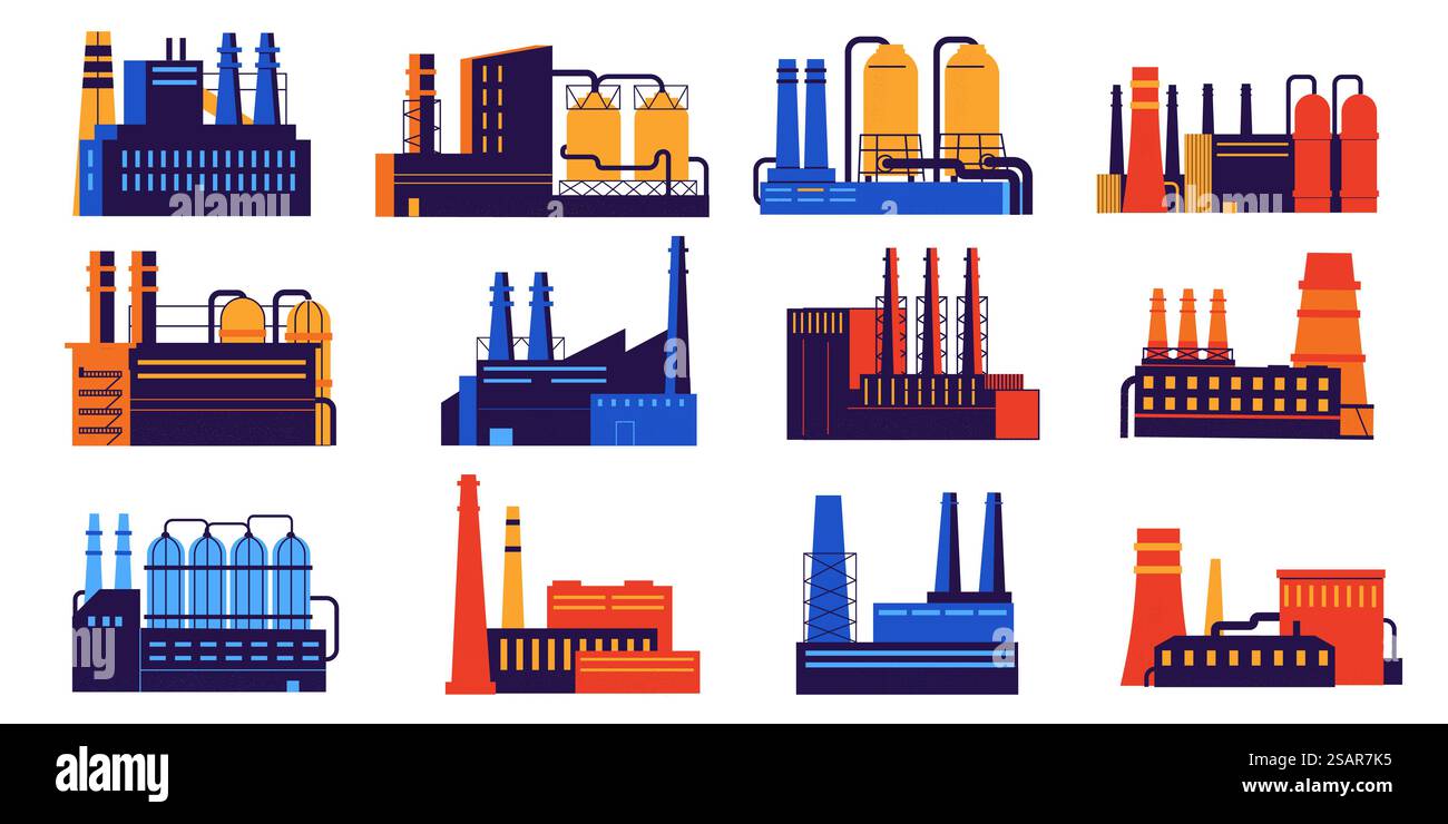 Industry building. Urban factory construction with silo and pipes ...