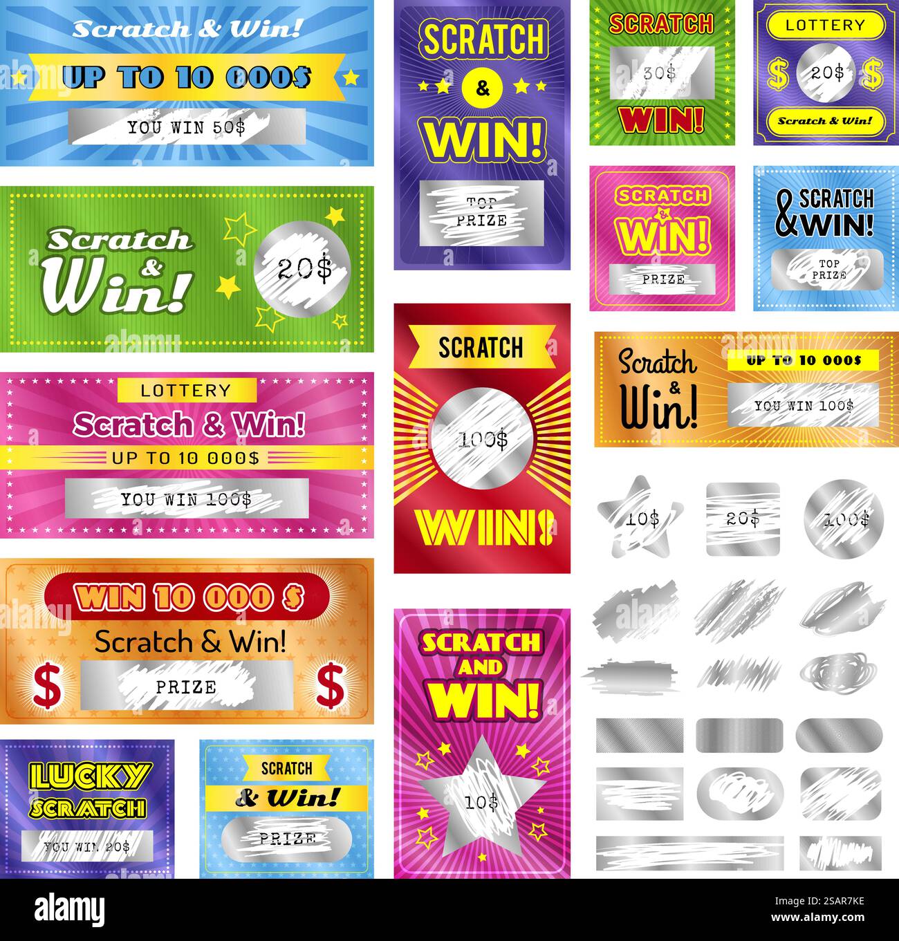 Scratch cards. Ads or lottery tickets templates with scratching texture ...