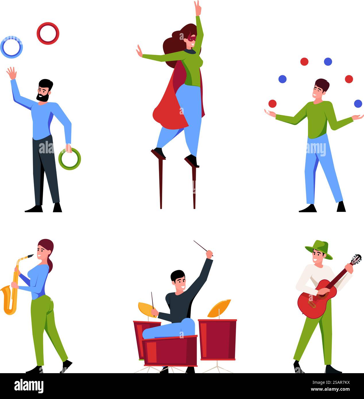 Street performance. Acrobats jumps magician fire shows musicians ...