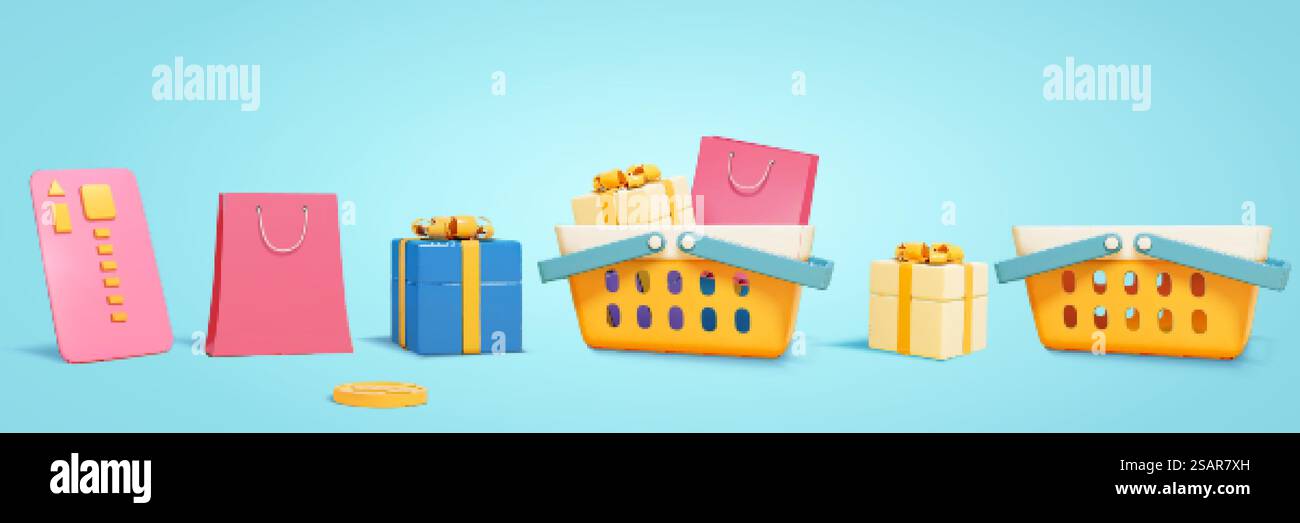 3D shopping elements set. Illustration of credit card, shopping bag ...