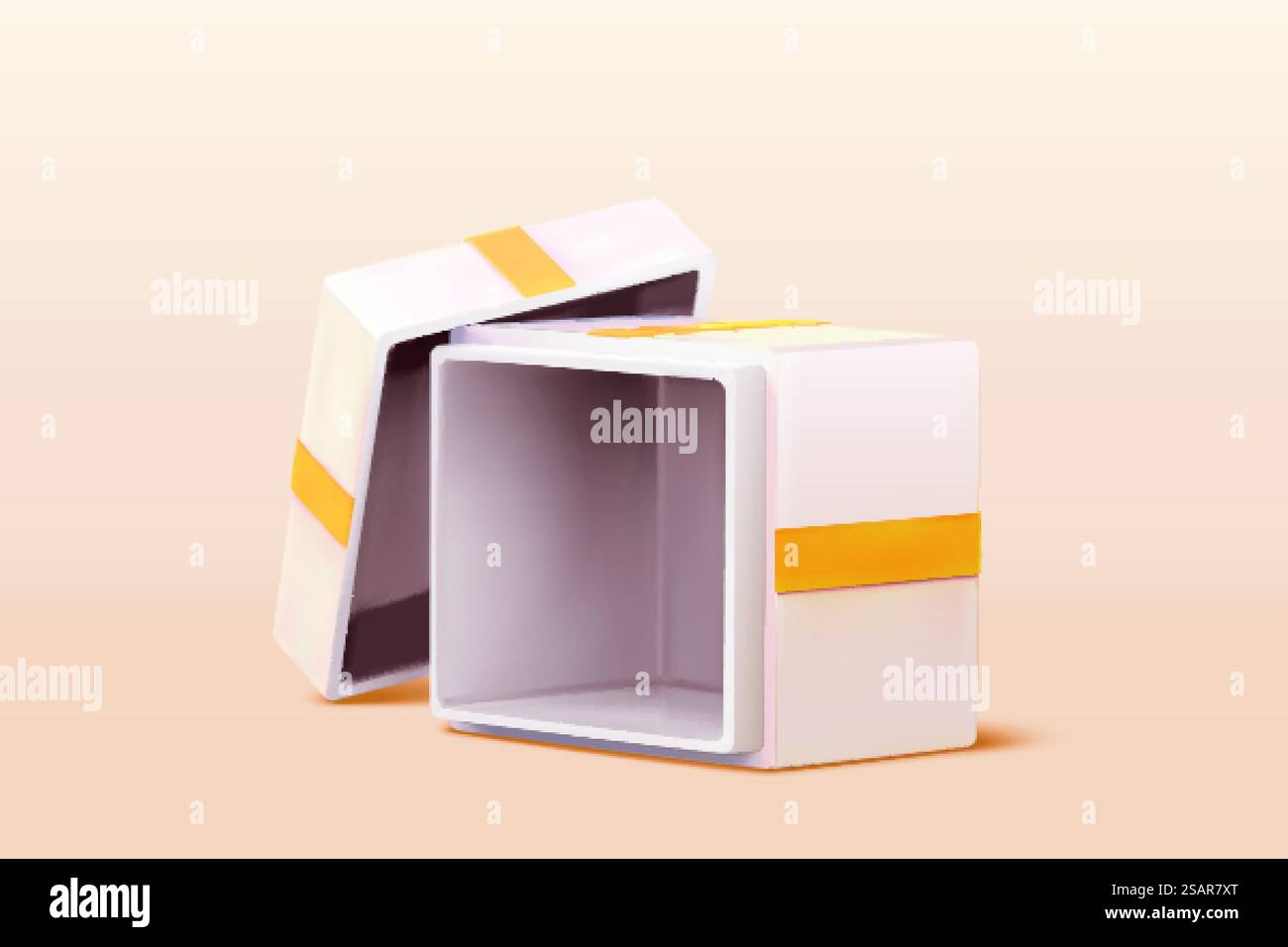 3d illustration of opened white gift box with yellow ribbon on beige ...