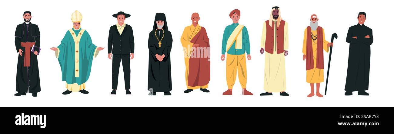 Religion characters. Different religious church leaders, buddhist monk ...