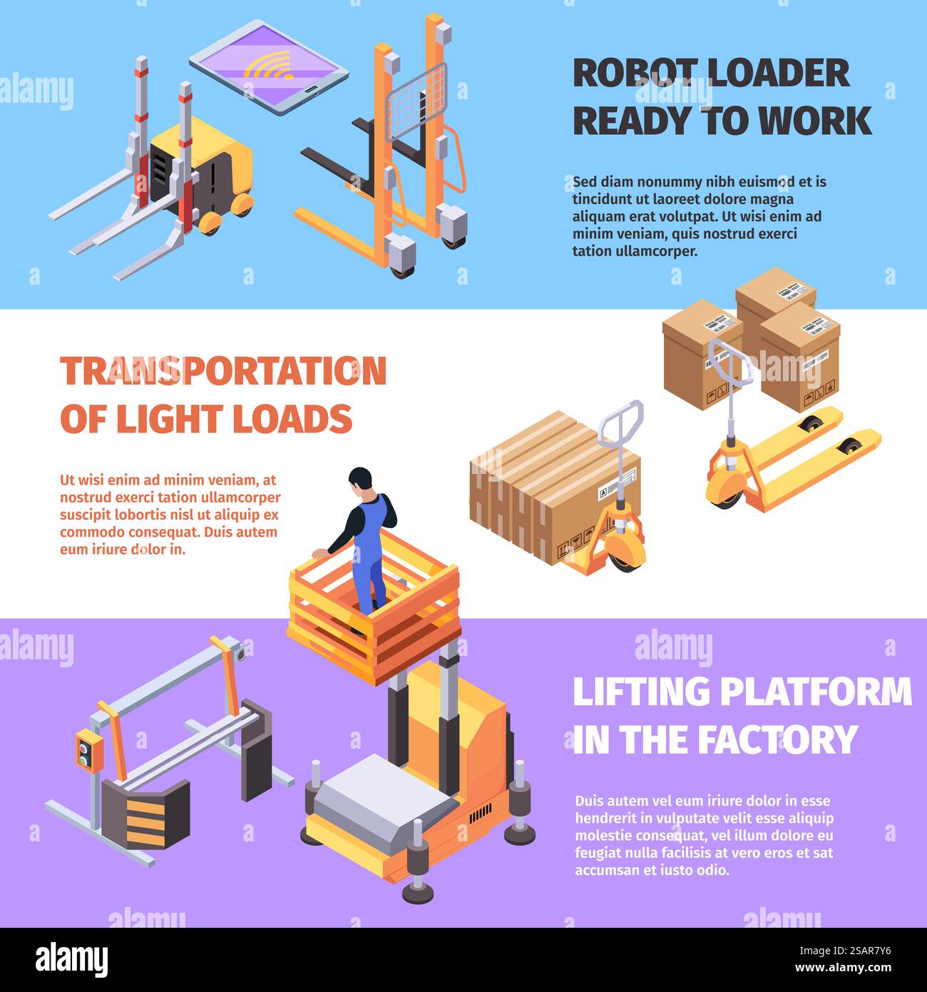 Building cars banners. Lifting platforms for building houses garish ...