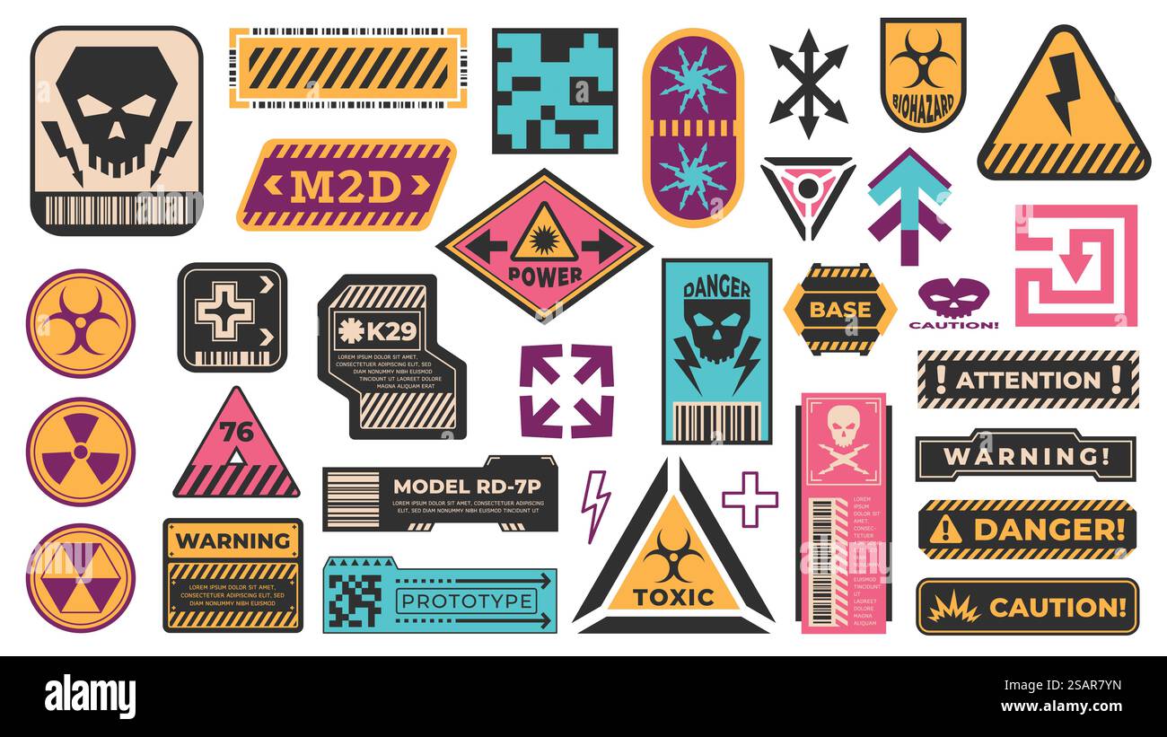 Industrial warning label. Security virus danger alert stickers with ...