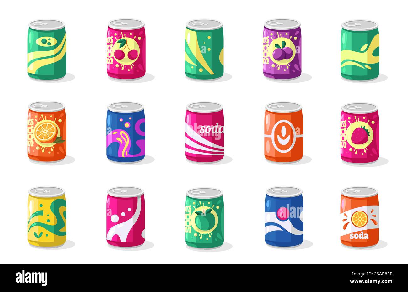 Soda in aluminum can. Cute beverage cans with colorful sweet fizzy pop ...