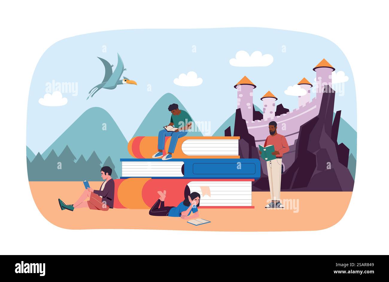 Cartoon young people read stack of books. Vector education book and ...