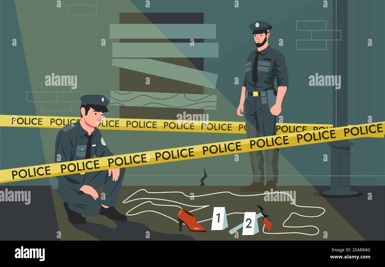 Police crime scene. Criminal murder investigation of detective officers ...