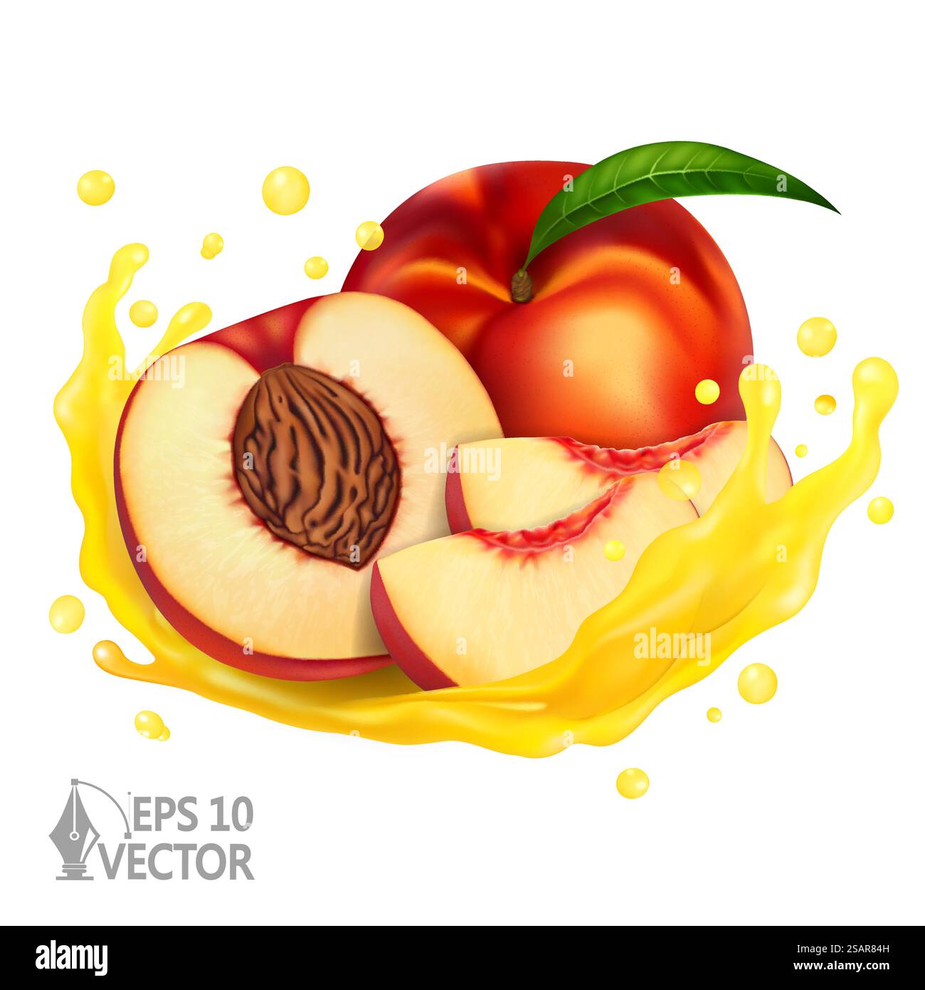 Peach, nectarine, slice with splash and drops, fresh juice. Tropical ...