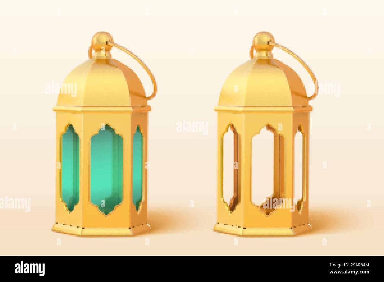 Set of 3d illustration golden lanterns on beige background, one with ...