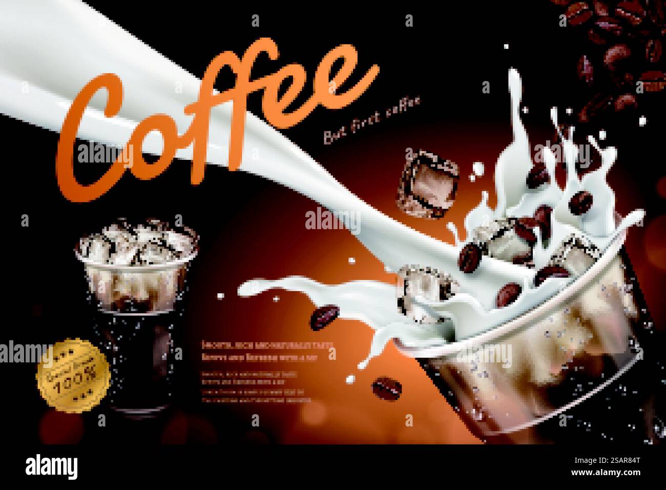 Cold latte ads with milk pouring down into takeout cup and flying ...