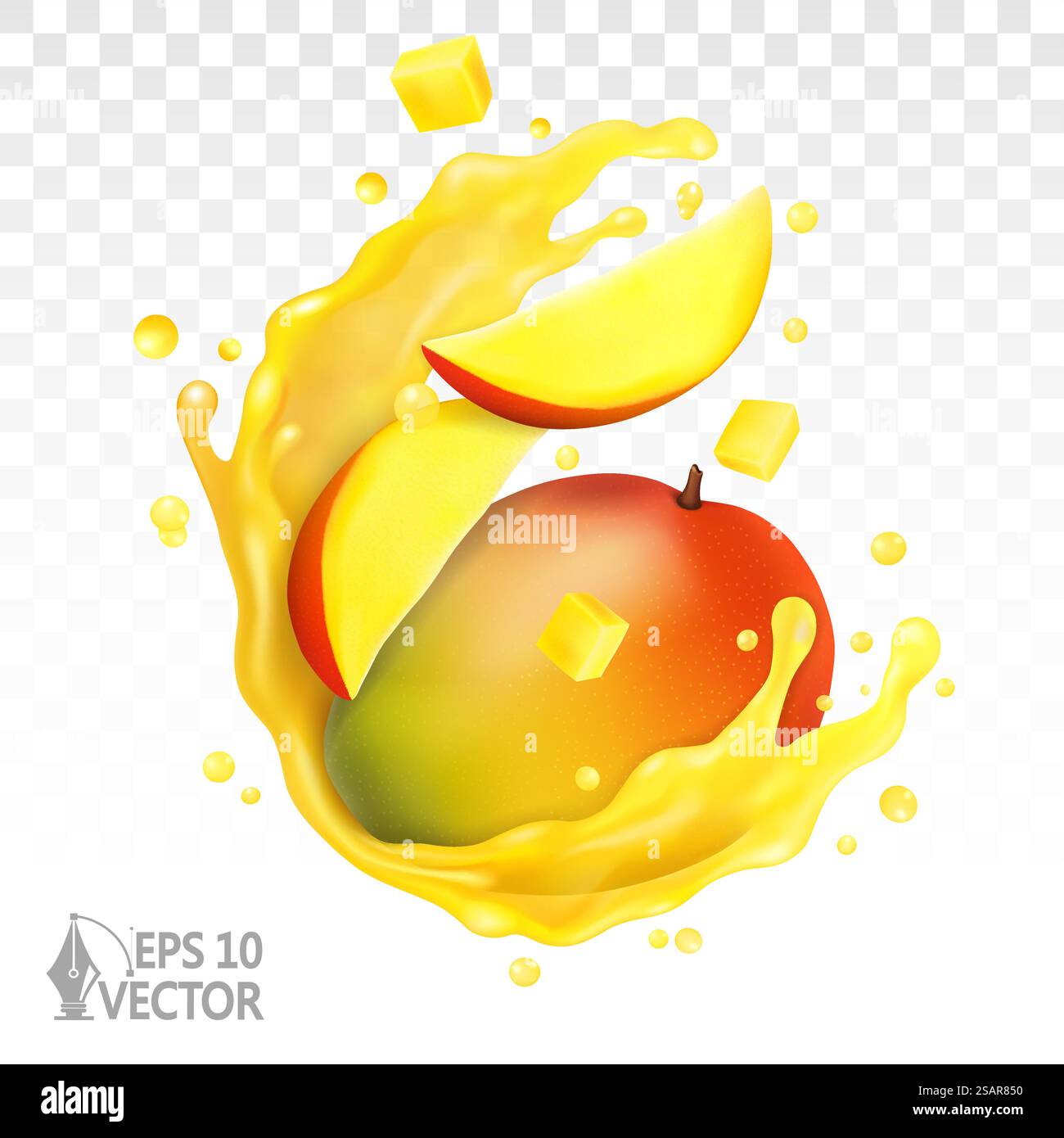 Mango fresh fruit and slices with splash, realistic mango juice splash and cube, transparent ...