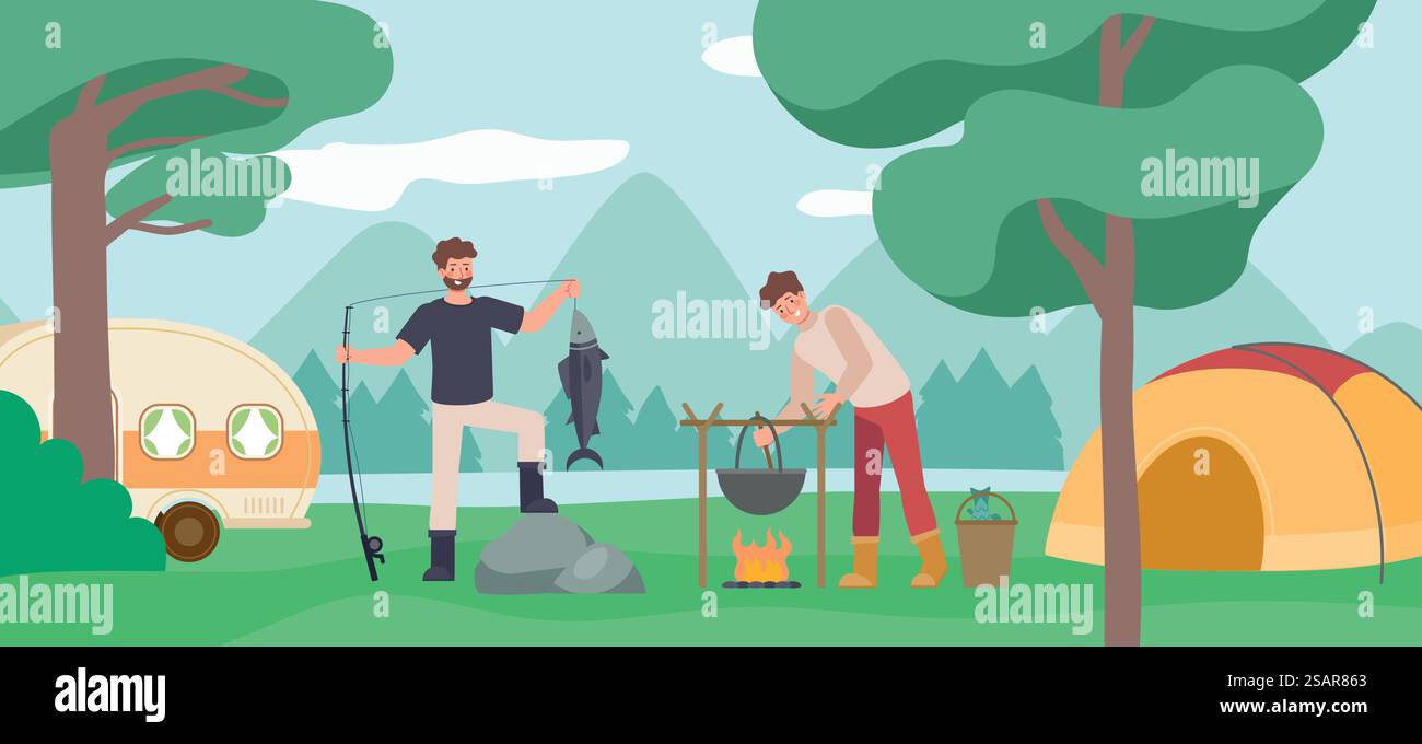 Fishermen cook their catch a bonfire. Travel, fishing season, adventure ...