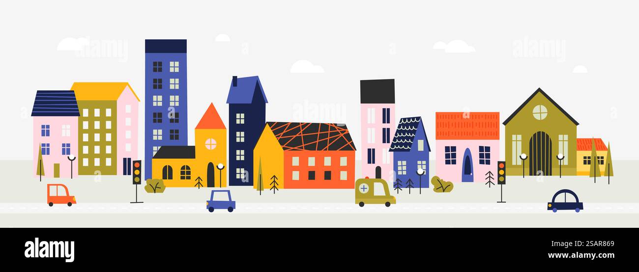 Horizontal town landscape. Urban panorama with building in downtown ...