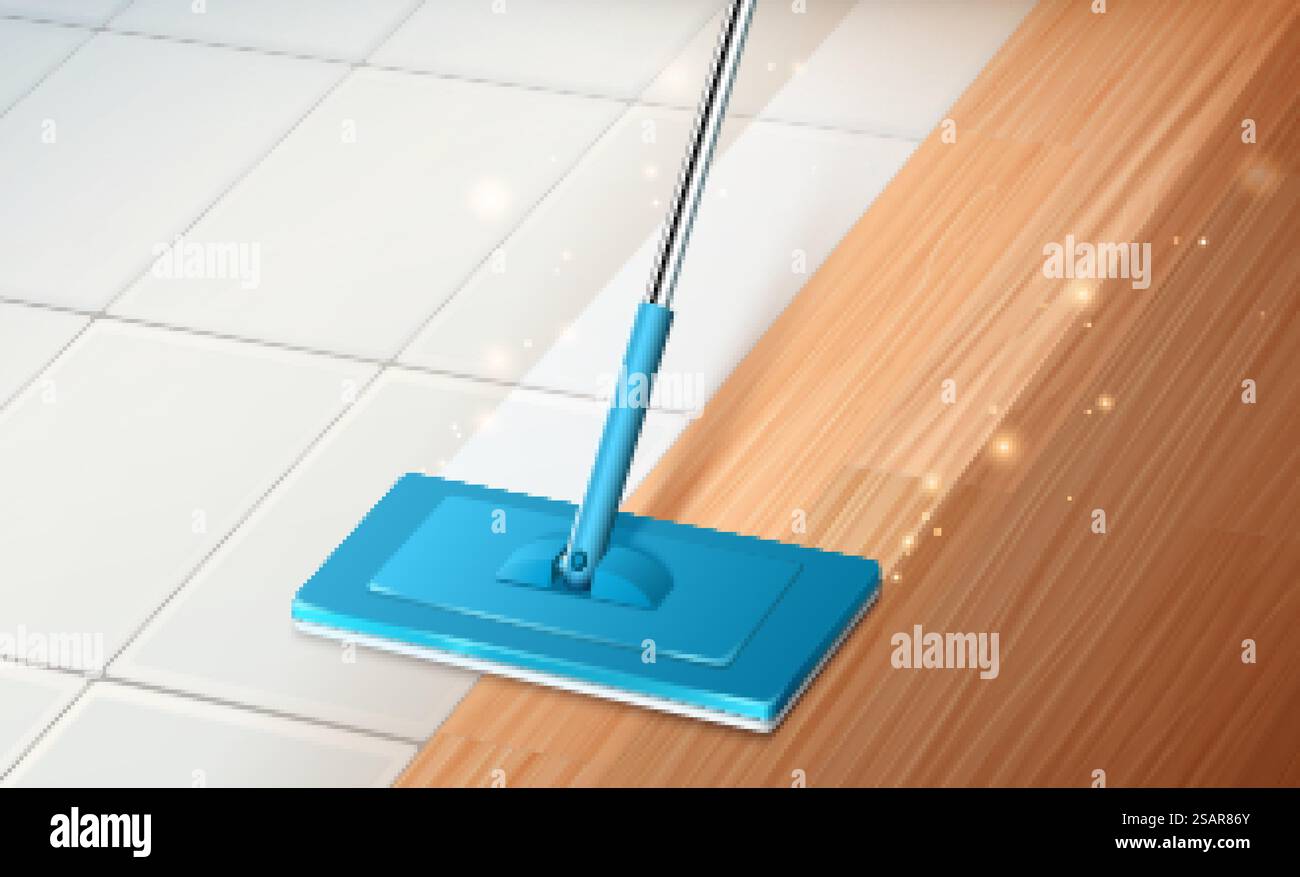 Home interior background of mop cleaning hardwood and tile floor in 3d ...